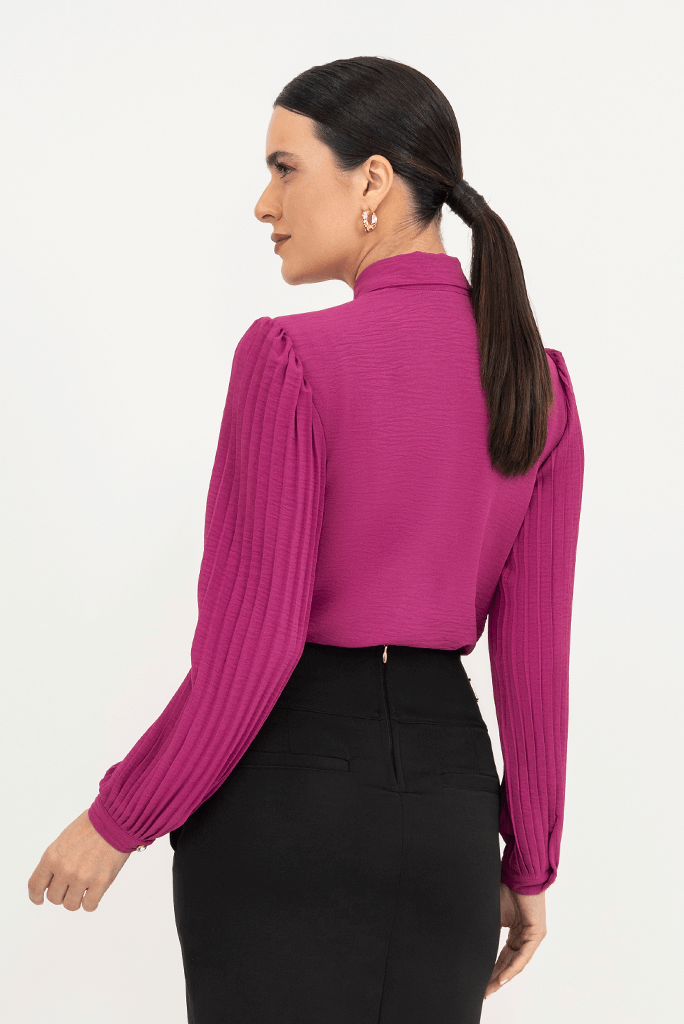 Camisa Magenta Em Crepe Com Mangas Plissadas Via Tolentino