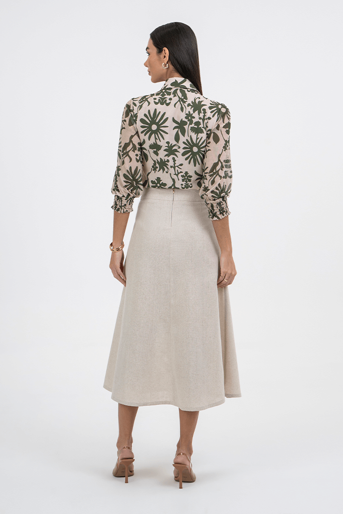 Saia Evasê Em Linho Com Pala E Amarração Na Lateral Via Tolentino