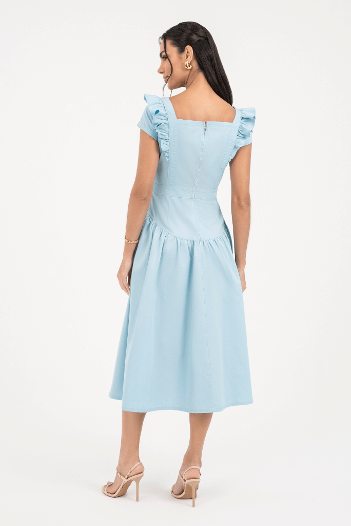 Vestido Azul Claro Midi Sarja Color Com Recortes Via Tolentino
